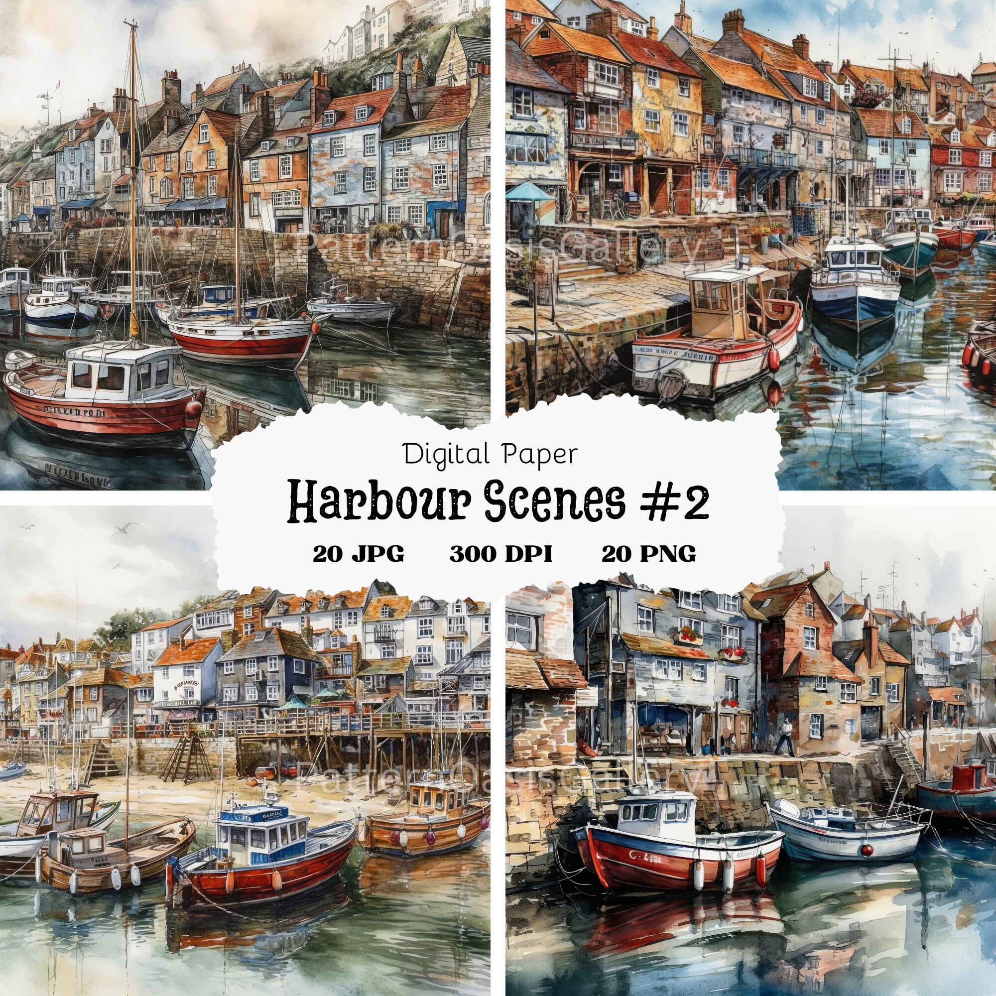 Watercolor Harbour Scenes Clipart, Coastal Town, Boats (digital Print ...