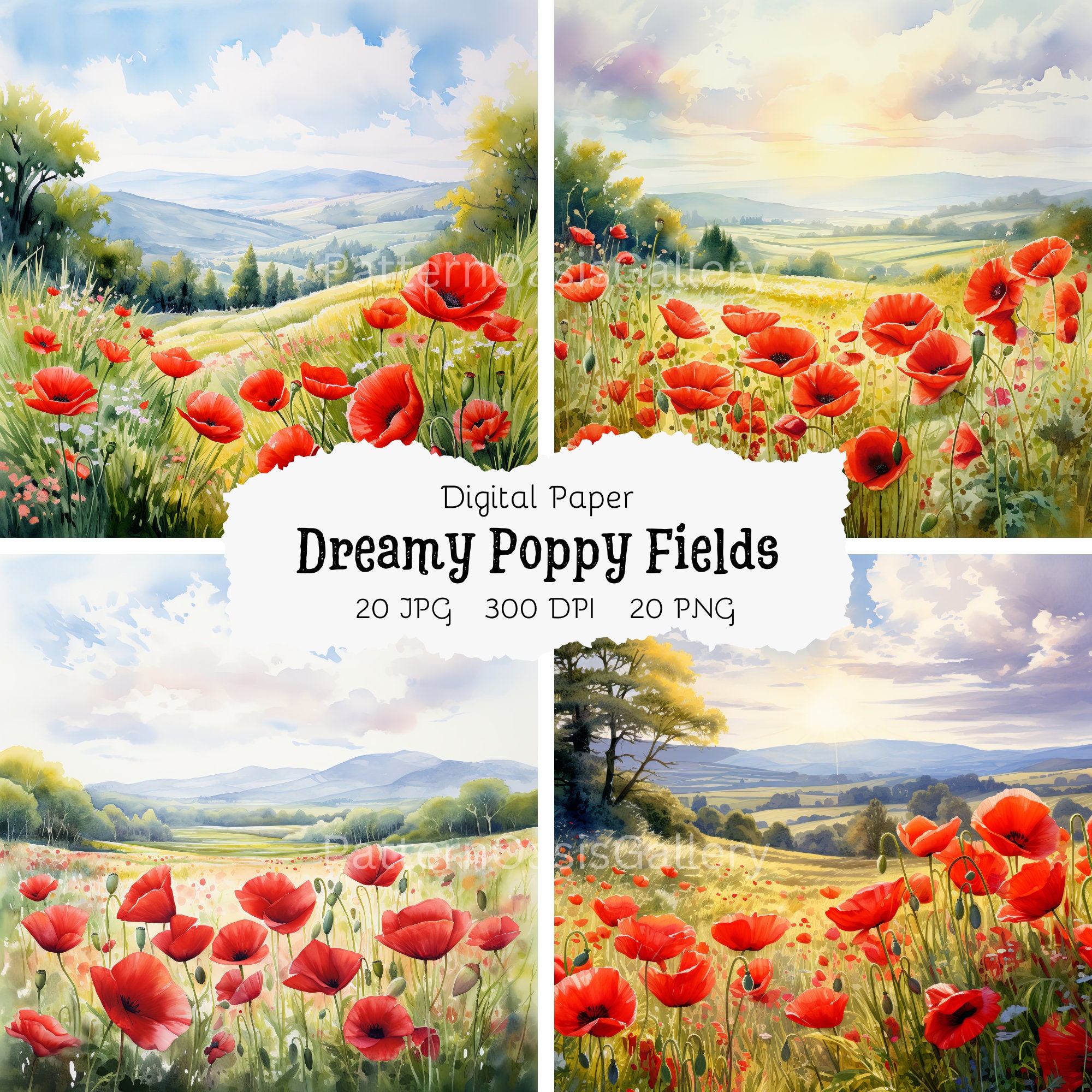 Poppy Field Backgrounds, 20 High Quality Designs, JPG, Digital Planner ...