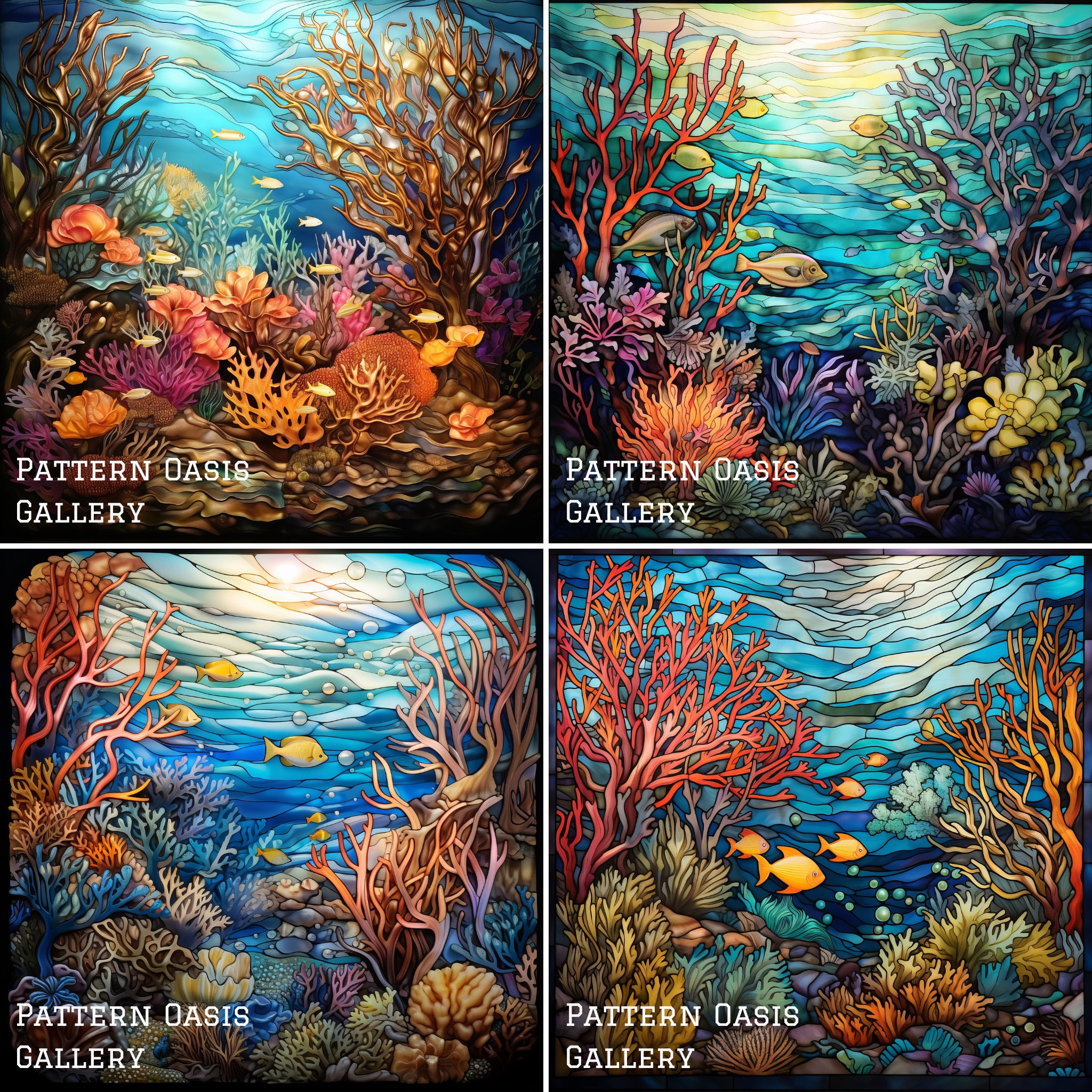 Stained Glass Coral Reef Digital Paper, Coral Reef Stained Glass ...