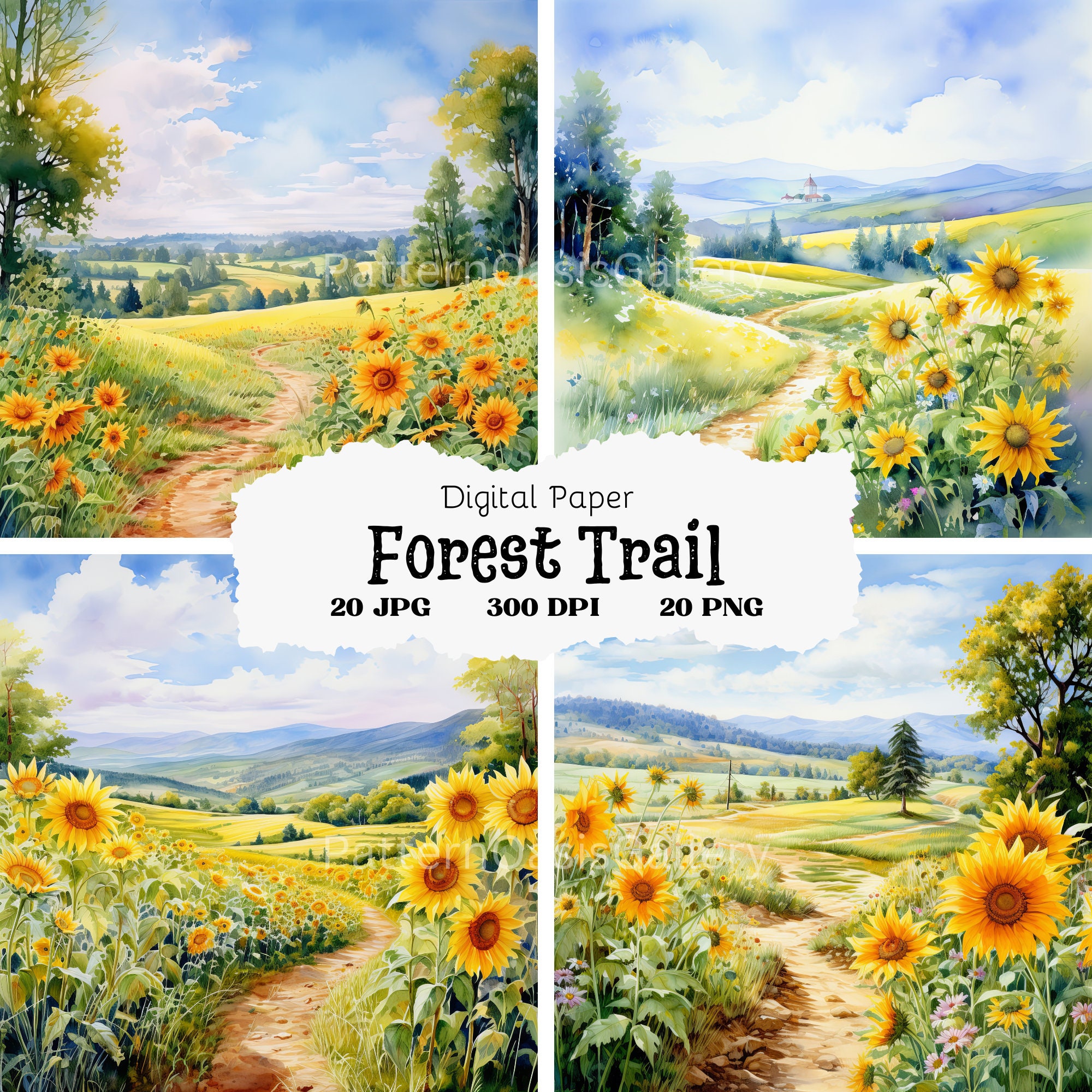 Sunflower Meadow Watercolor Clipart, Summer Floral JPG & Pngs (digital ...