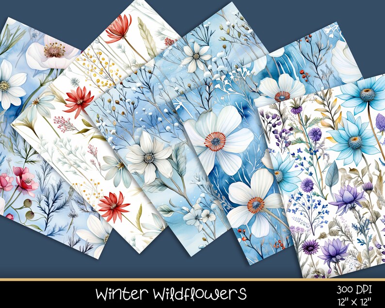 Winter Wildflowers Seamless Digital Papers, Snowy Wildflower Patterns ...