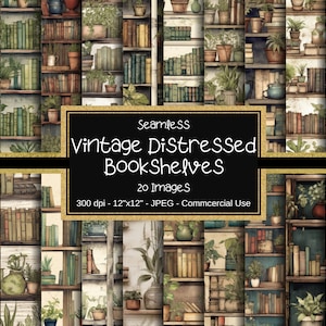 Vintage Bookshelf Seamless Digital Paper, Distressed Books Pattern, 20 ...