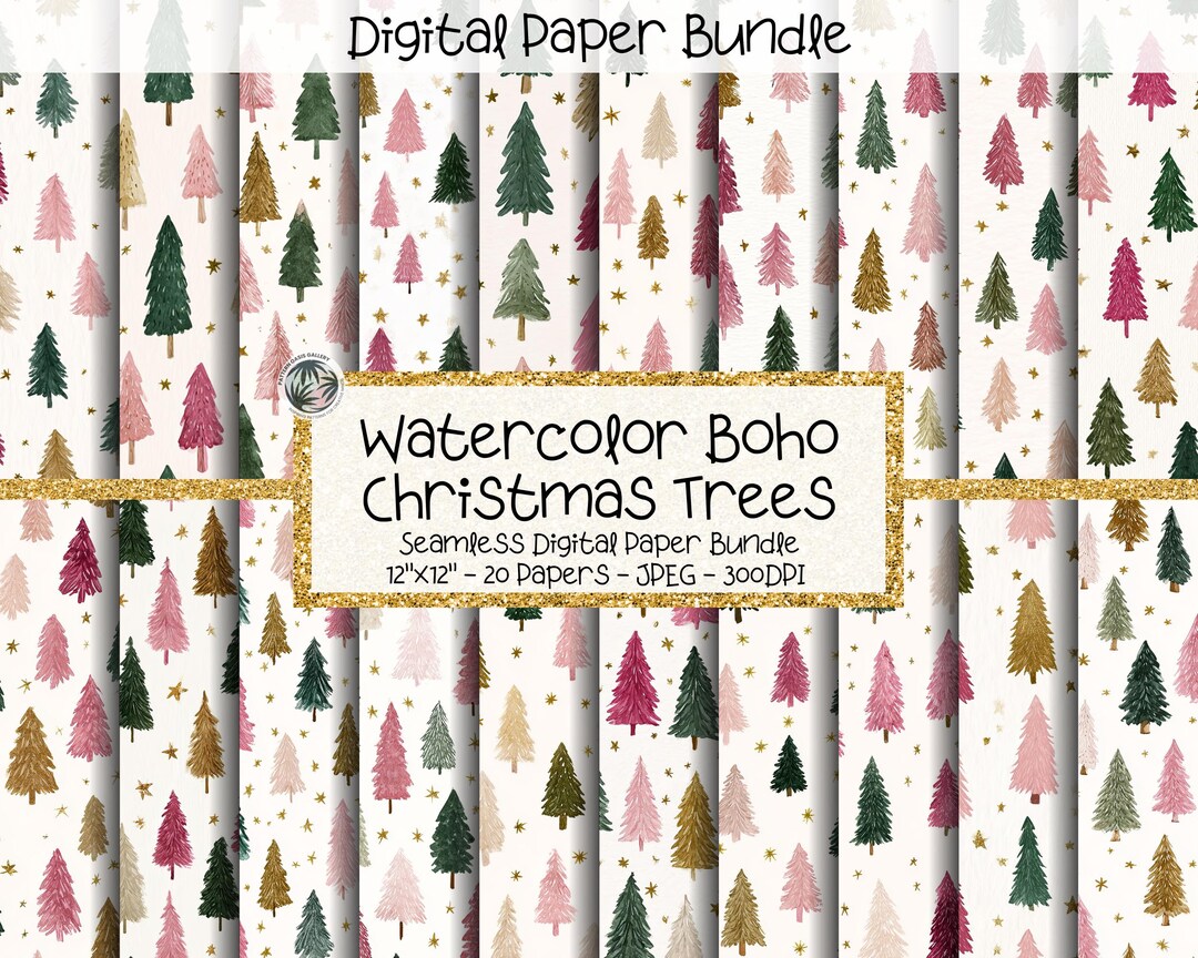 Boho Christmas Trees Digital Paper Bundle, Seamless Watercolor Holiday ...