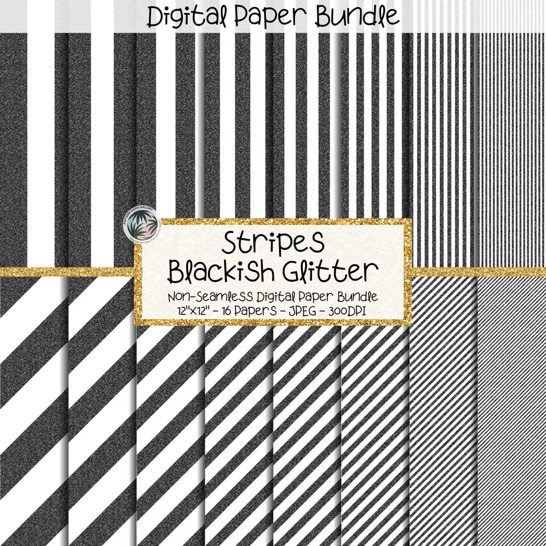 Stripes Digital Paper Pack, Black Glitter Stripes, Striped Pattern ...
