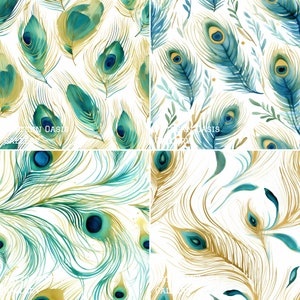 Peacock Feathers SEAMLESS Digital Paper Pack, Watercolor Peacock ...