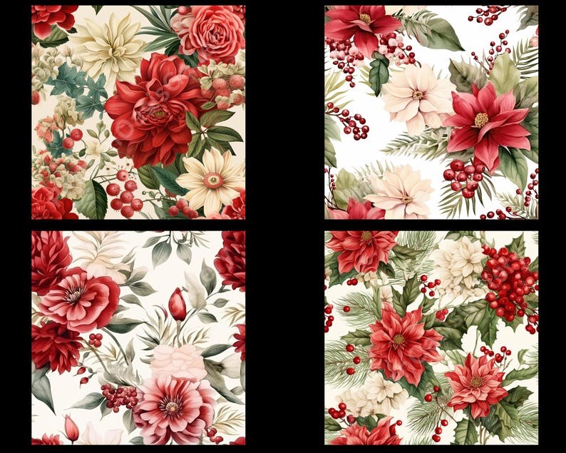Watercolor Vintage Christmas Flowers Seamless Digital Paper, Christmas ...