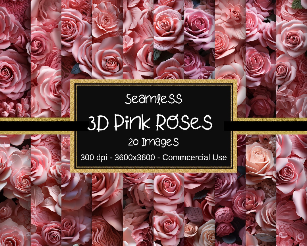 3D Pink Roses Digital Paper, Seamless Floral Patterns, 20 Designs, 12"x ...