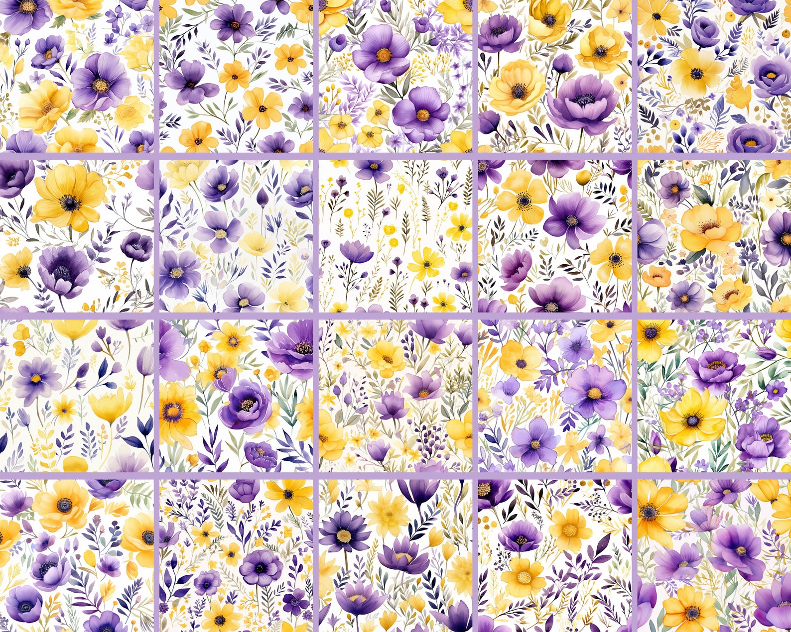 Purple and Yellow Floral Seamless Patterns, Purple and Yellow Digital ...