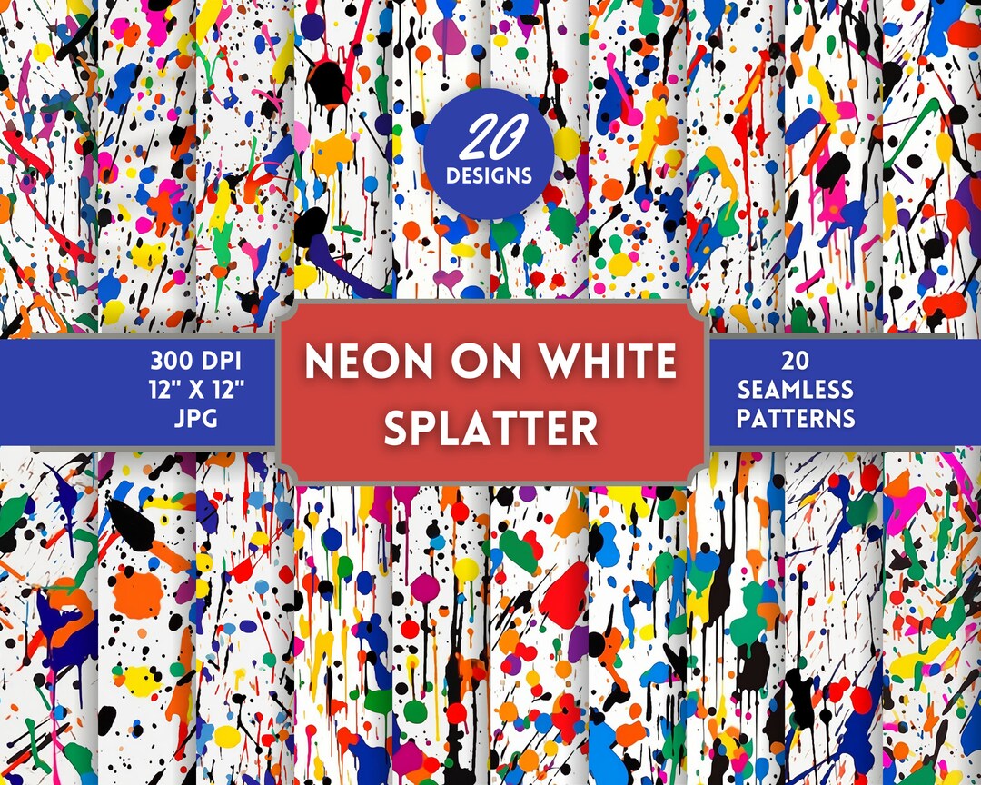 Paint Splatter Seamless Digital Paper - Neon White Splatter Ink ...