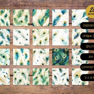 Peacock Feathers SEAMLESS Digital Paper Pack, Watercolor Peacock ...