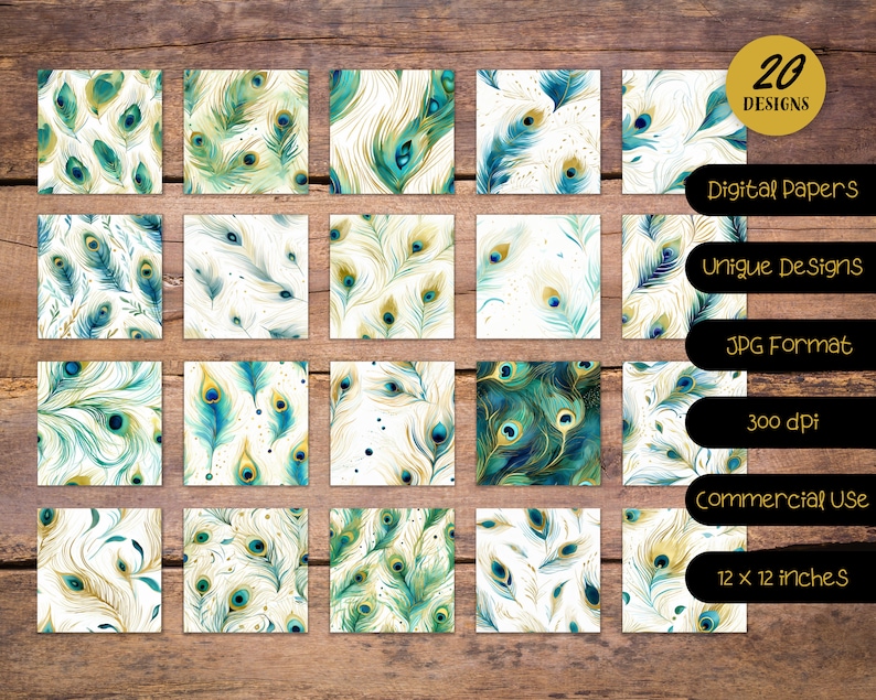 Peacock Feathers SEAMLESS Digital Paper Pack, Watercolor Peacock ...