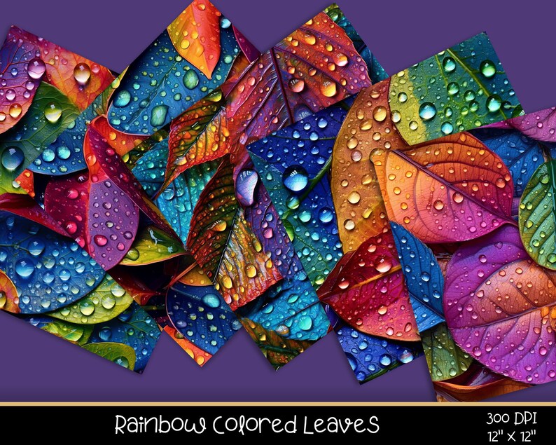 Rainbow Colored Leaves Seamless Digital Paper, Water Drops 12"x12", 20 ...