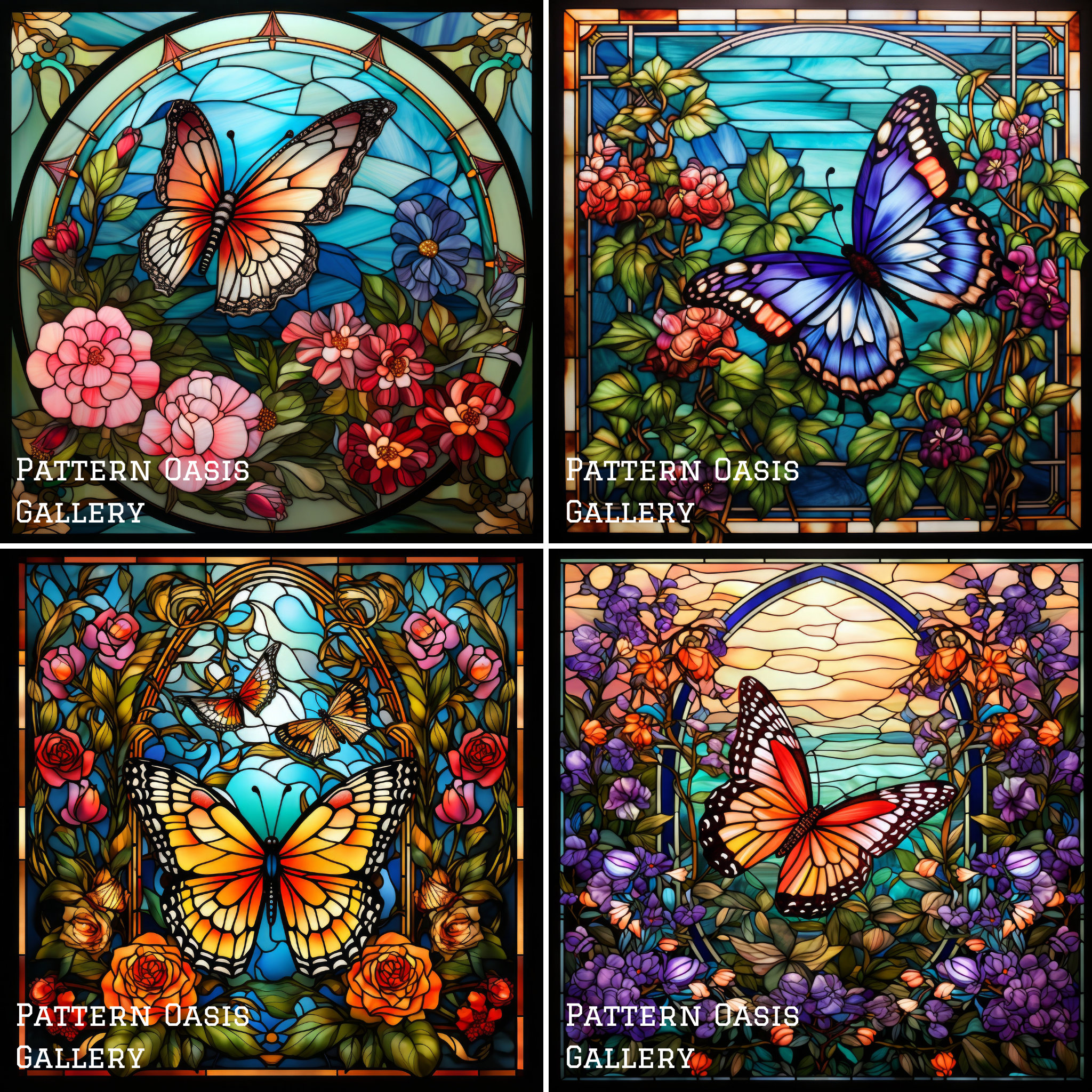 Stained Glass Butterflies Digital Paper, Butterfly Stained Glass ...