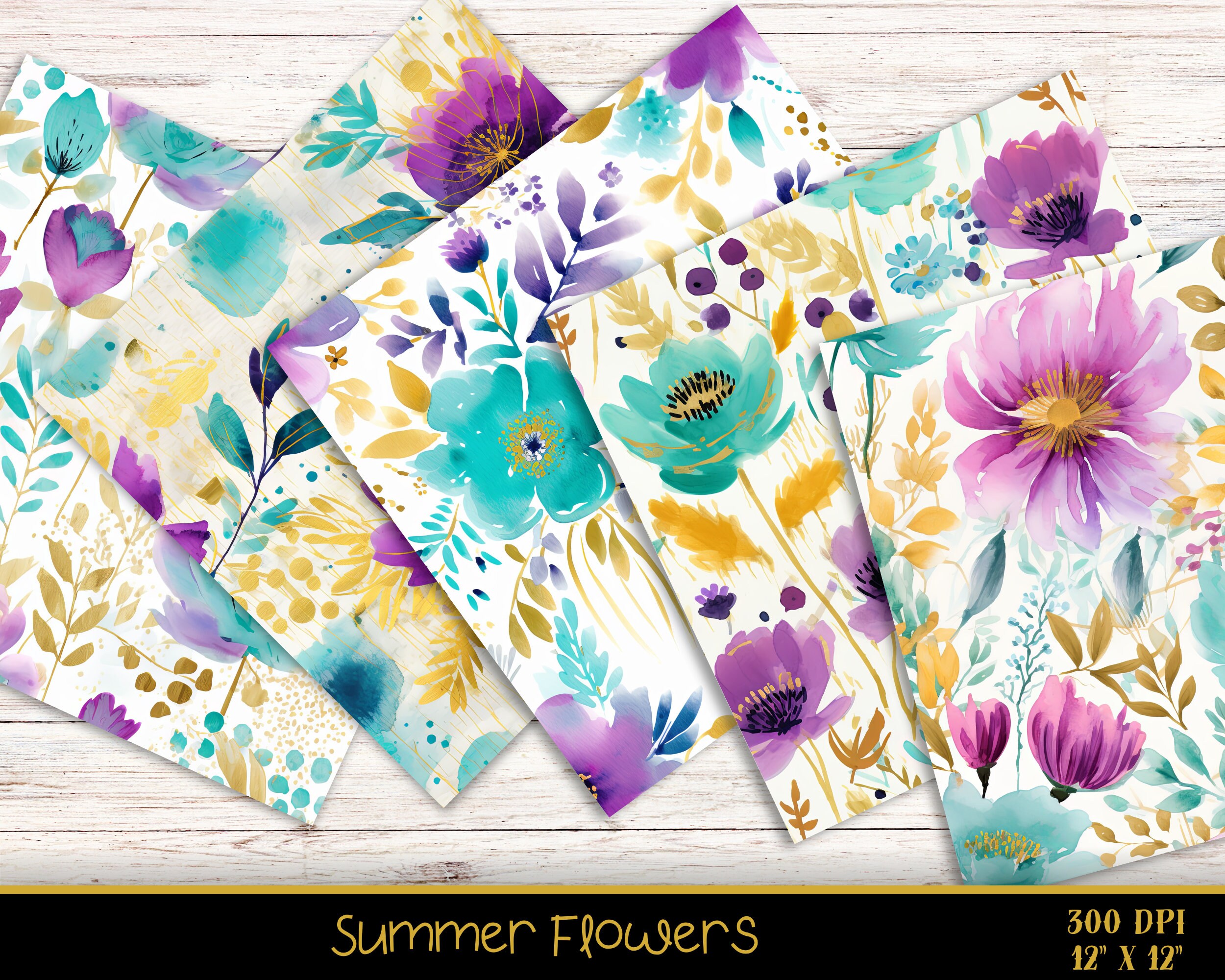 Summer Flowers Seamless Digital Papers, Summer Watercolor Flower ...