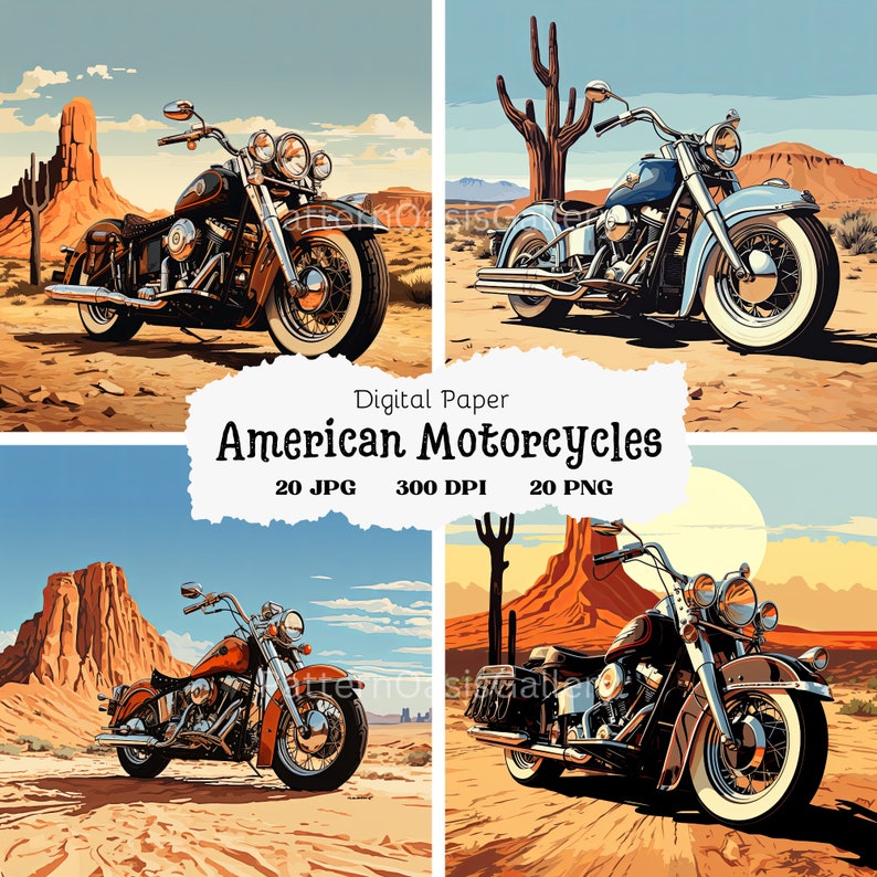 Vintage American Motorcycle Illustrations, Classic Bike Clipart (JPG ...