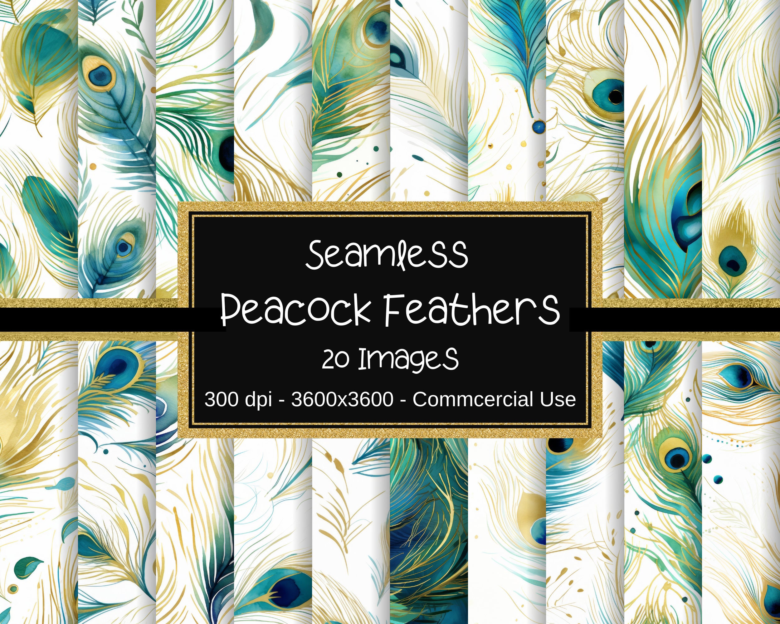 Peacock Feathers SEAMLESS Digital Paper Pack, Watercolor Peacock ...