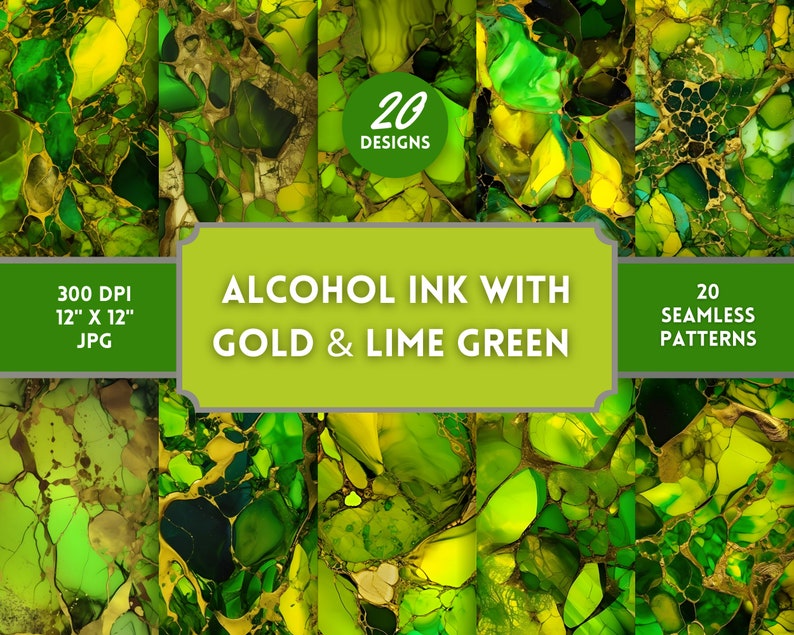 Lime Green and Gold Alcohol Ink Abstract Digital Paper, 20 SEAMLESS ...