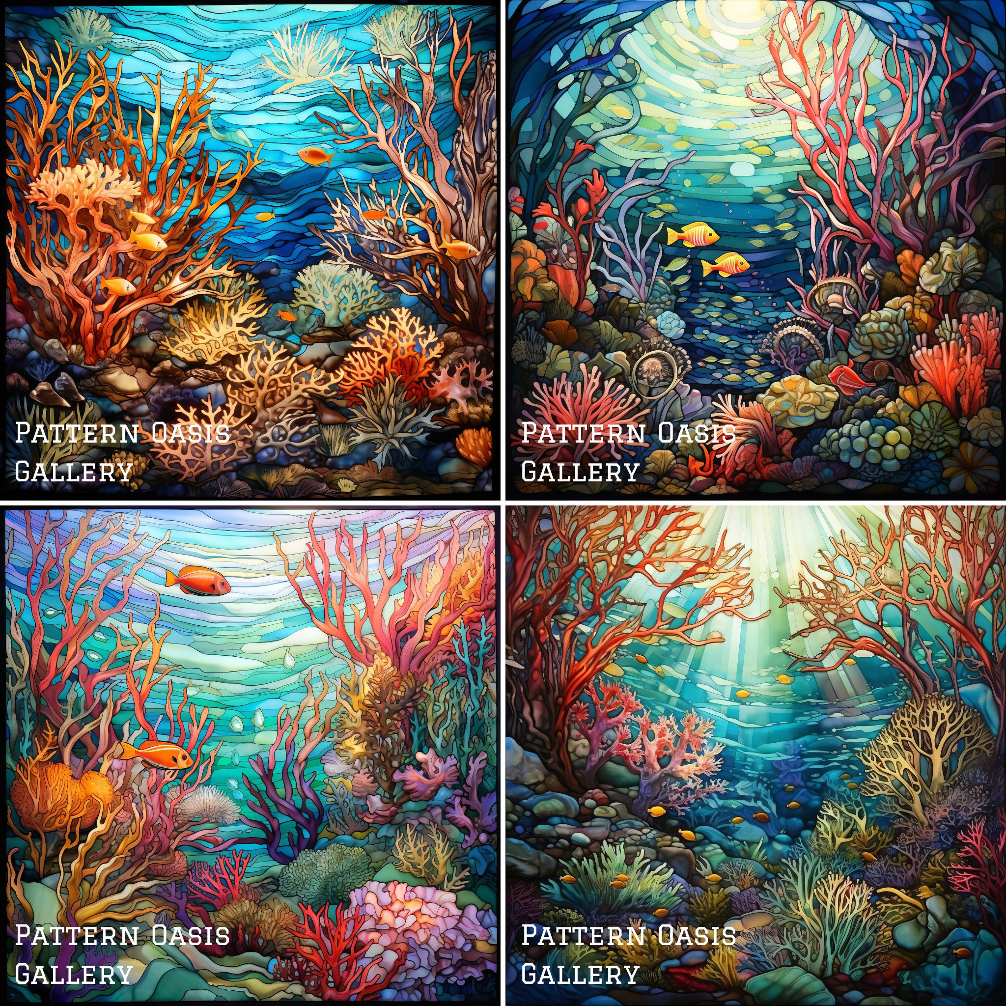 Stained Glass Coral Reef Digital Paper, Coral Reef Stained Glass ...