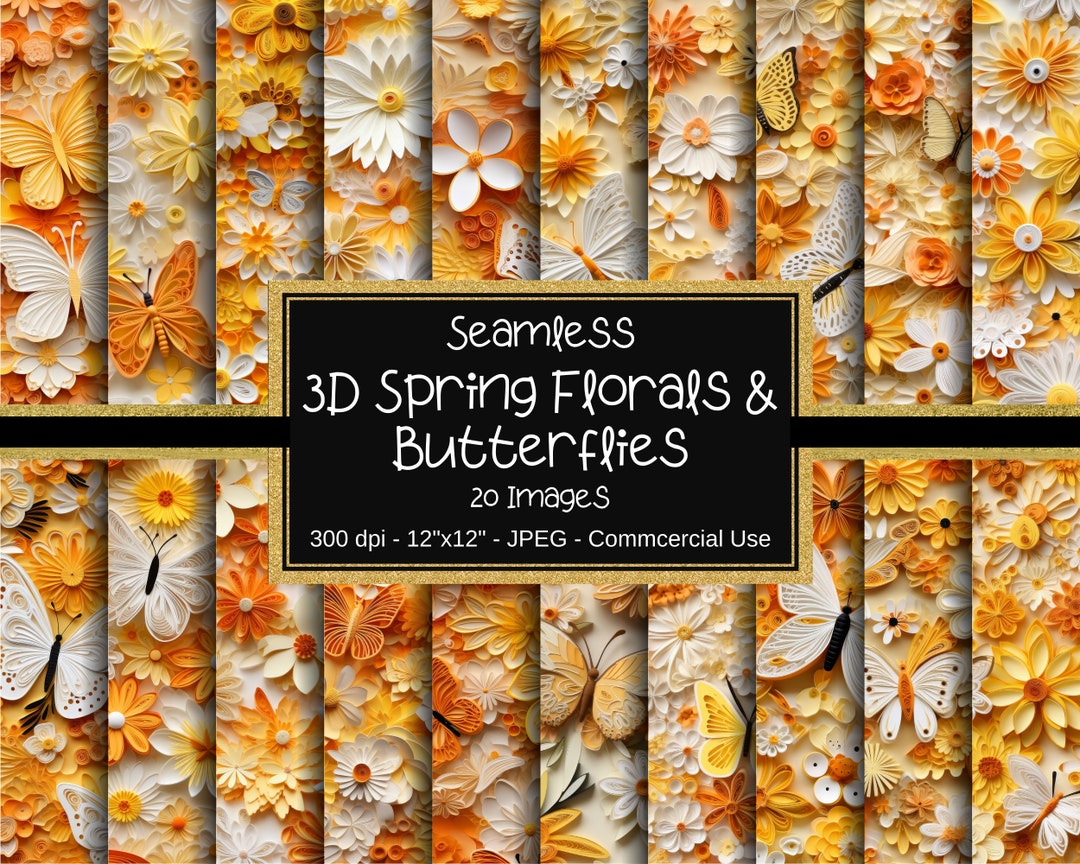 3D Spring Flowers and Butterflies Seamless Digital Paper, Floral ...