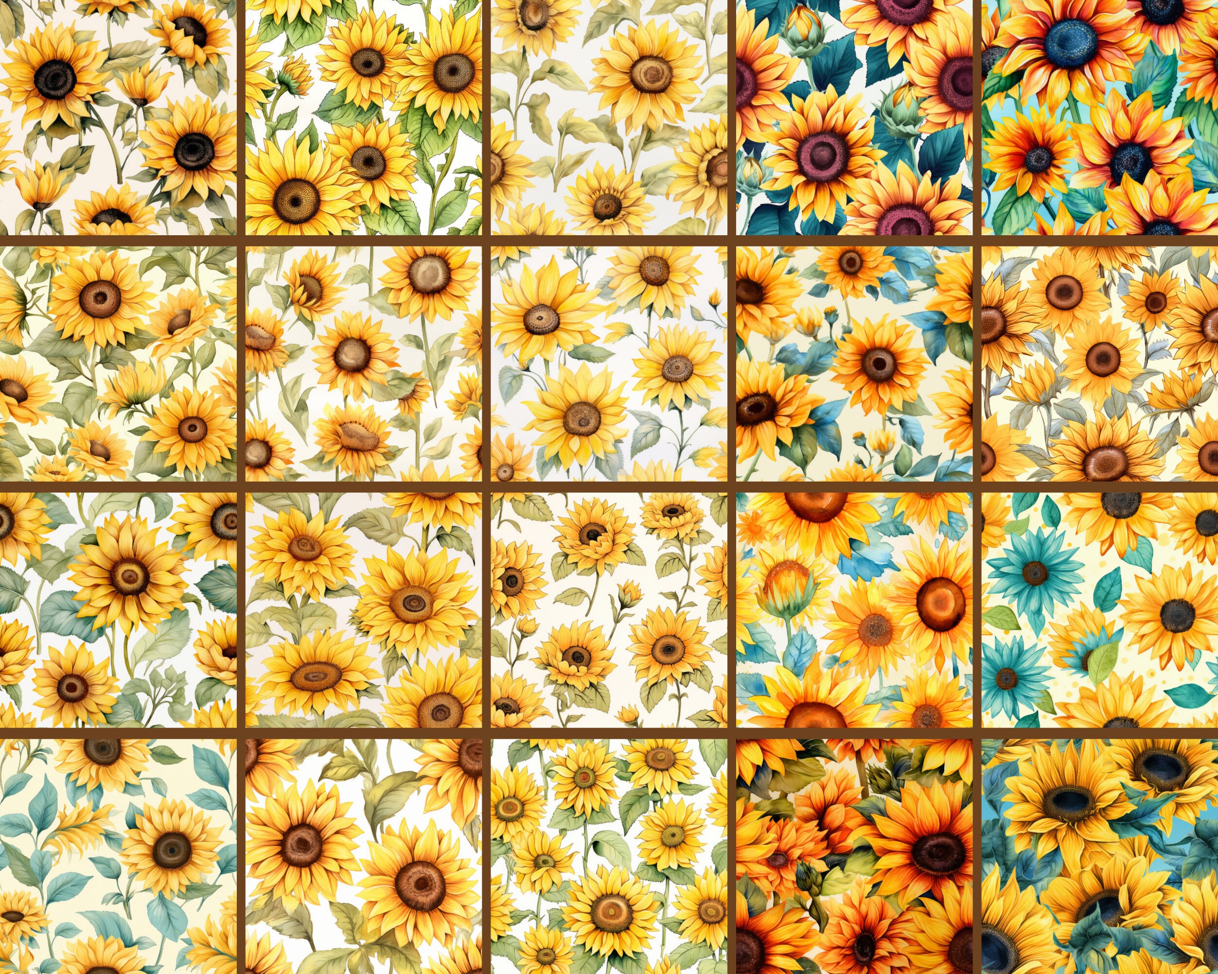 Sunflowers Seamless Digital Paper, Watercolor Sunflowers, 20 Designs ...