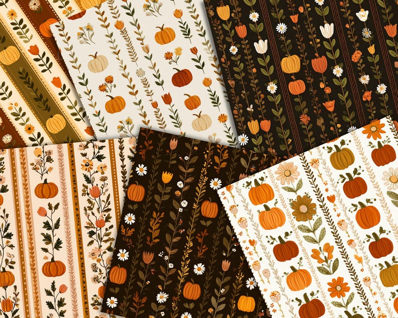 Autumn Pumpkin Folk Art Style Seamless Digital Paper, Whimsical Fall ...