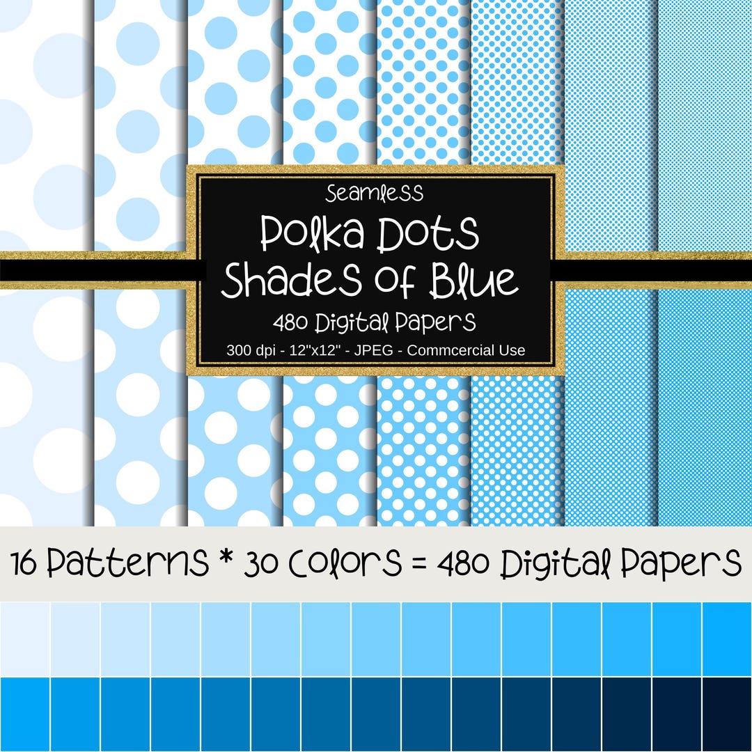 Shades of Blue Polka Dots Seamless Digital Paper Pack, 12"x12", 480 ...