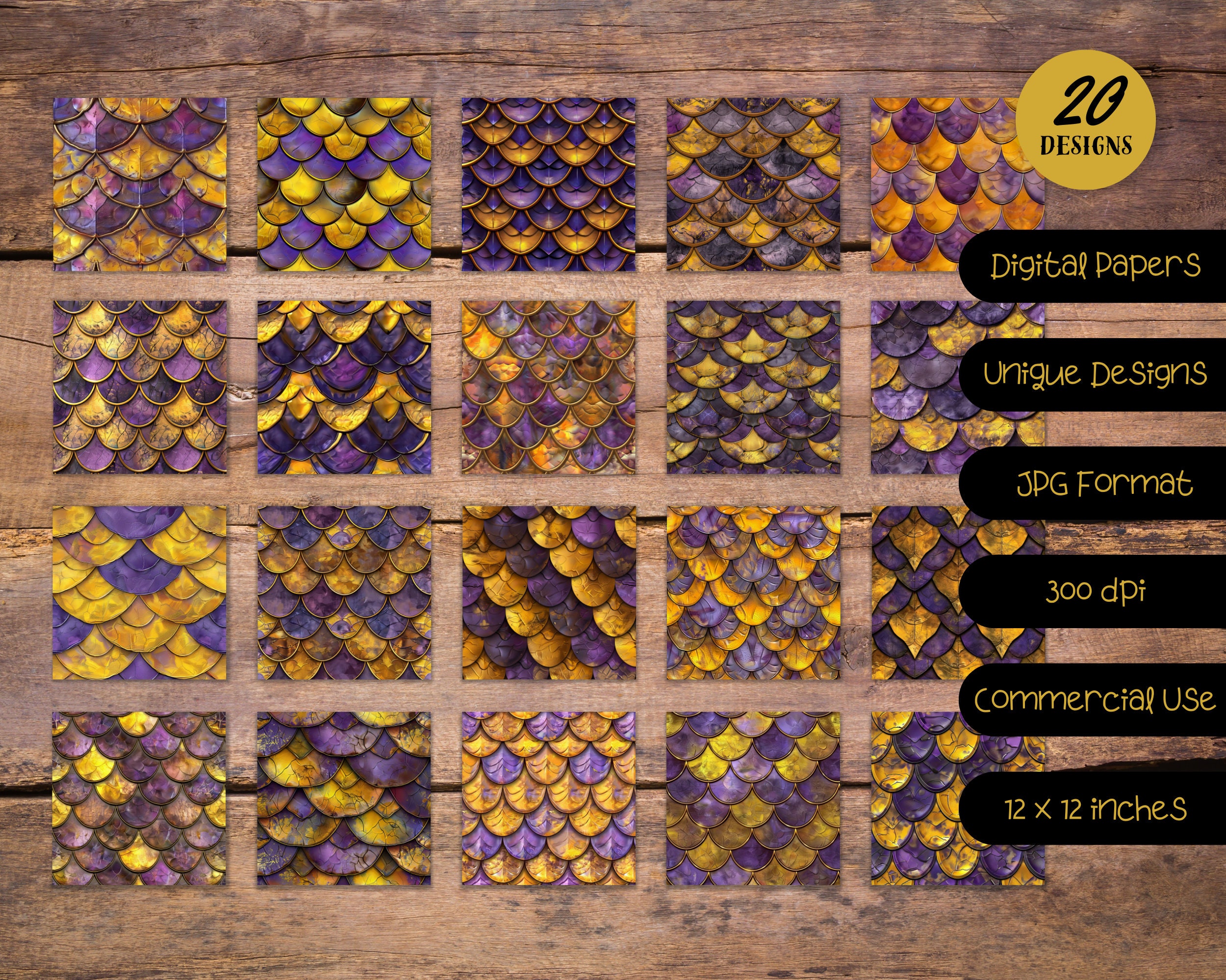 Dragon Scales Seamless Digital Paper, Purple and Yellow Bronze Dragon ...
