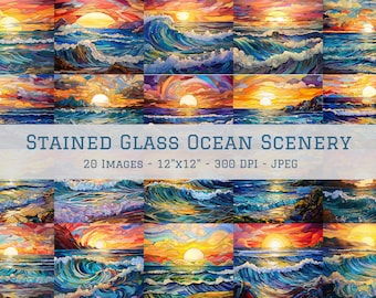 Stained Glass Mountain Scene Digital Paper, Mountain Stained Glass ...