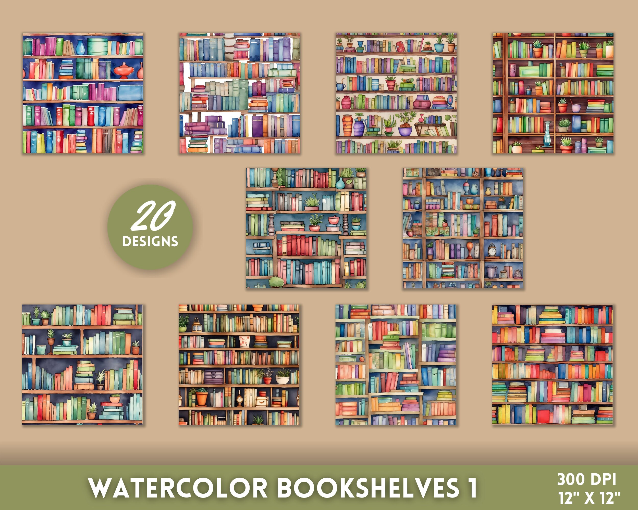 Bookshelf Digital Paper Pack - Set of 20 High-quality, Instant Download ...