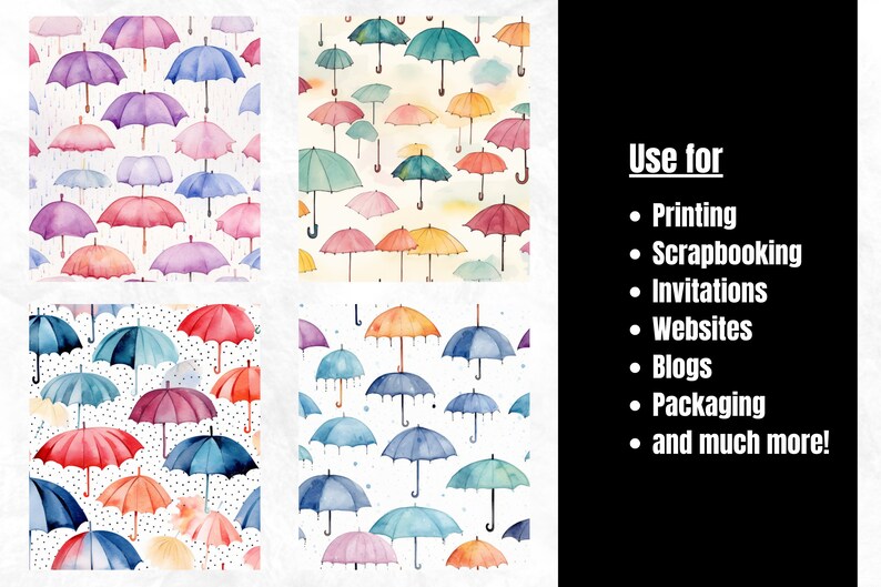 Collage Umbrella Digital Paper, Seamless Pattern With Raindrops ...