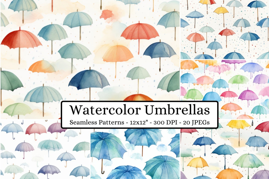 Collage Umbrella Digital Paper, Seamless Pattern With Raindrops ...