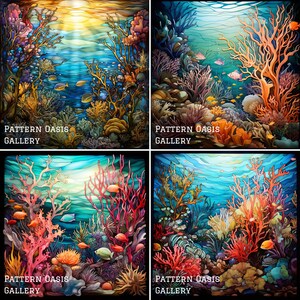 Stained Glass Coral Reef Digital Paper, Coral Reef Stained Glass ...