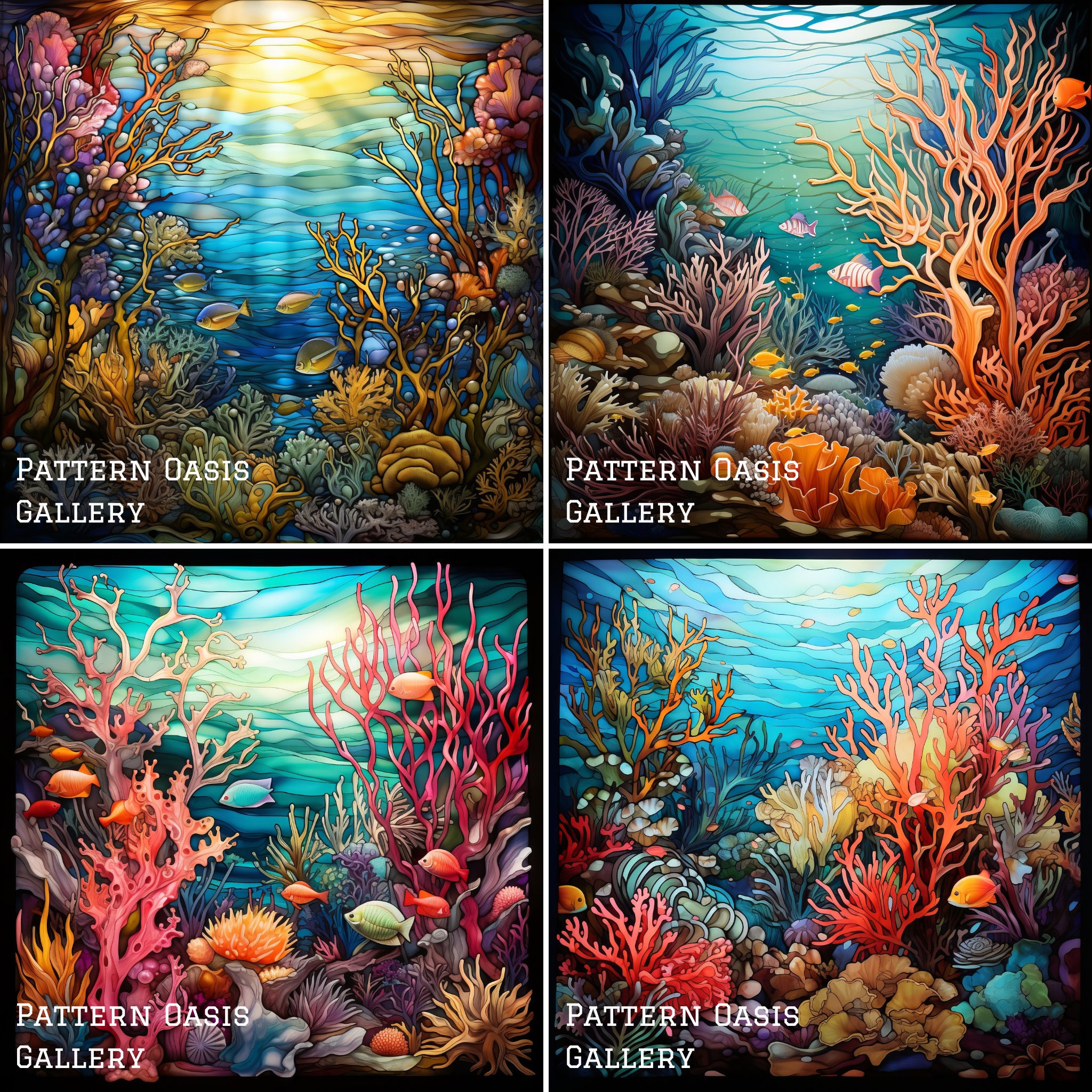 Stained Glass Coral Reef Digital Paper, Coral Reef Stained Glass ...