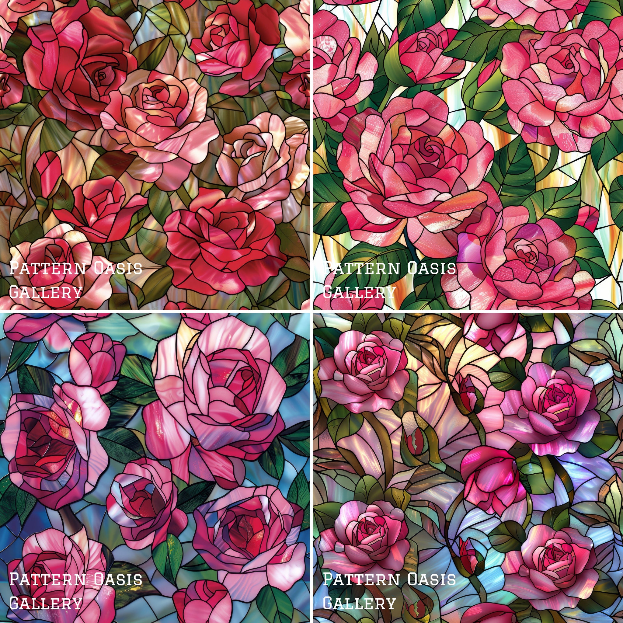 Pink Roses Stained Glass Seamless Digital Papers, Instant Download ...