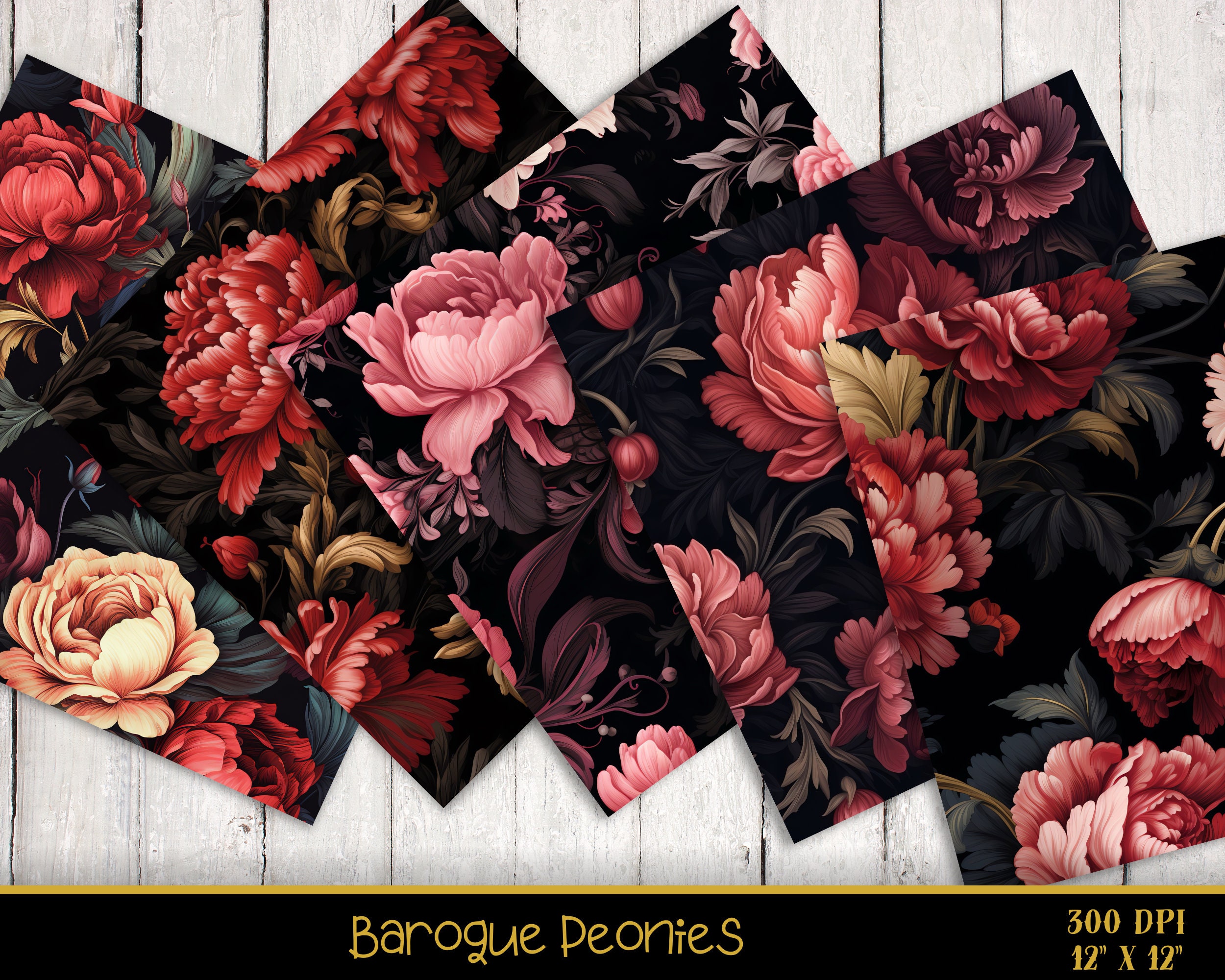 Baroque Peony Seamless Digital Papers, Seamless Dark Floral Backgrounds ...