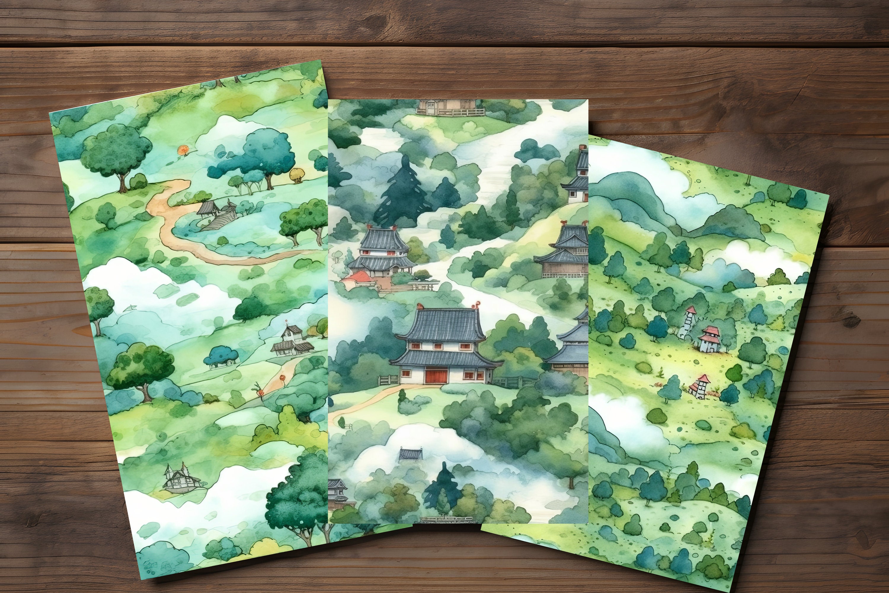 Studio Ghibli Style Seamless Background Patterns, Landscapes, Printable ...