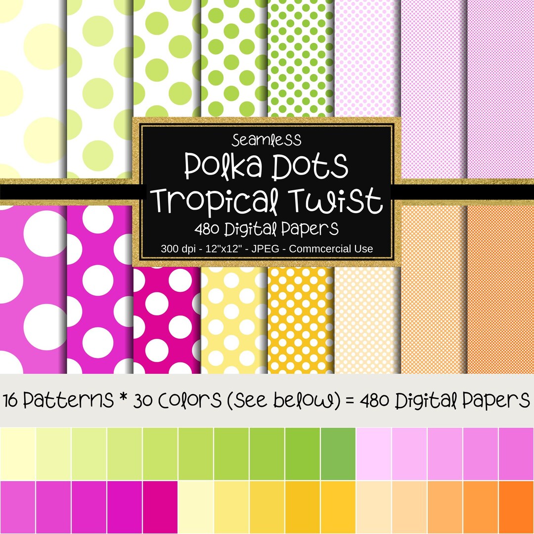 Tropical Twist Polka Dots Seamless Digital Paper Pack, 12"x12", 480 ...