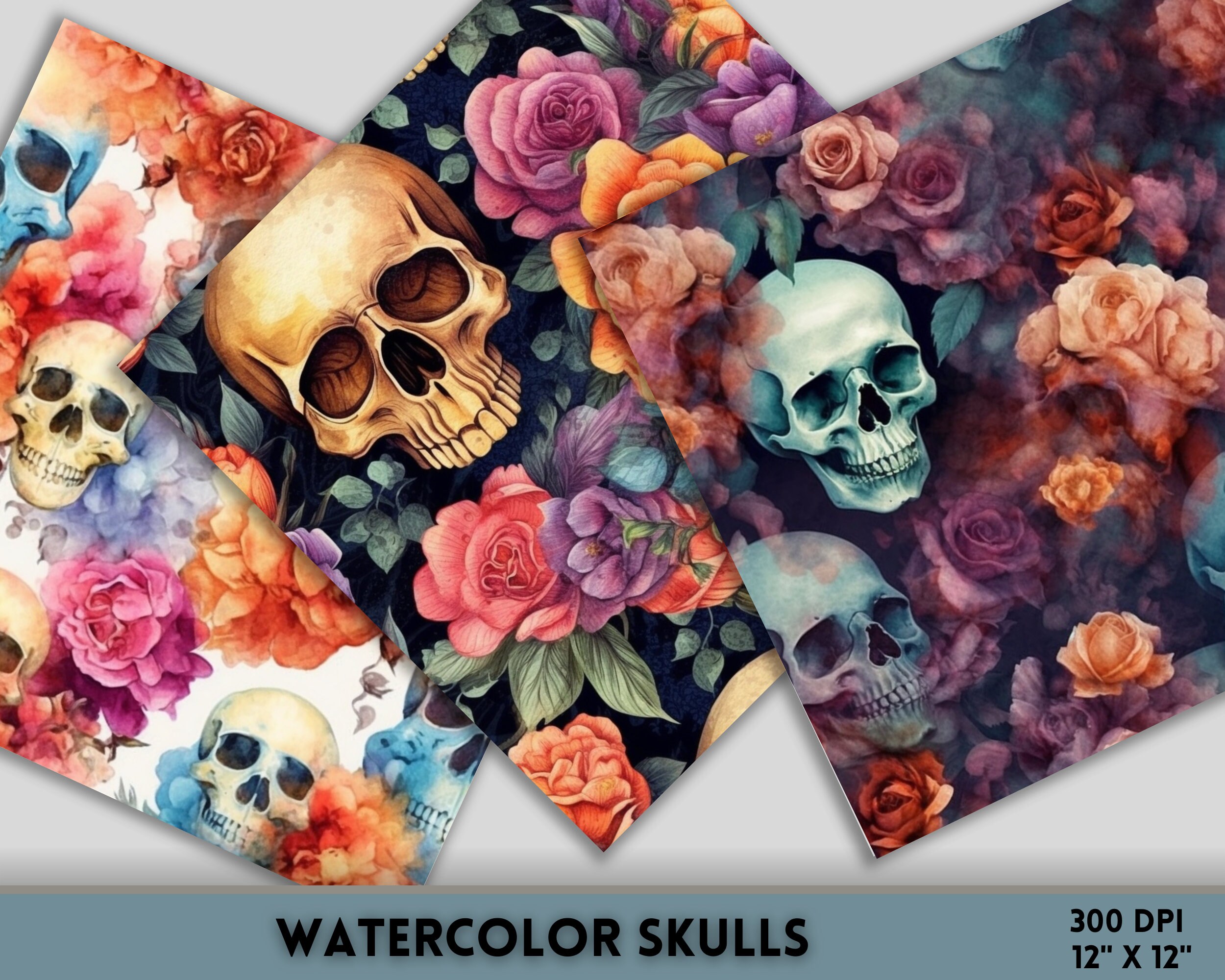 Floral Skulls Digital Papers Set of 20 Watercolor Patterns for ...