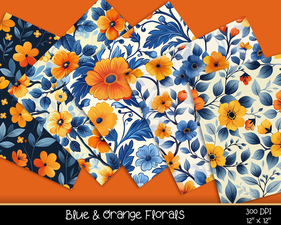 Blue and Orange Floral Seamless Pattern, Blue and Orange Flowers ...