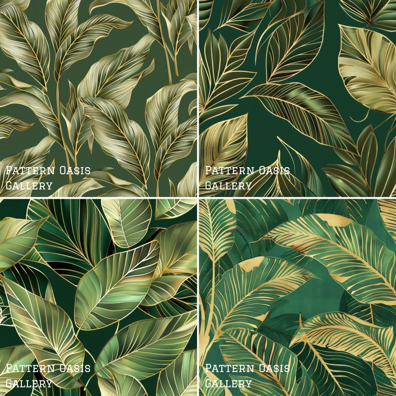 Green and Gold Tropical Leaves SEAMLESS Digital Paper, Jungle Leave ...