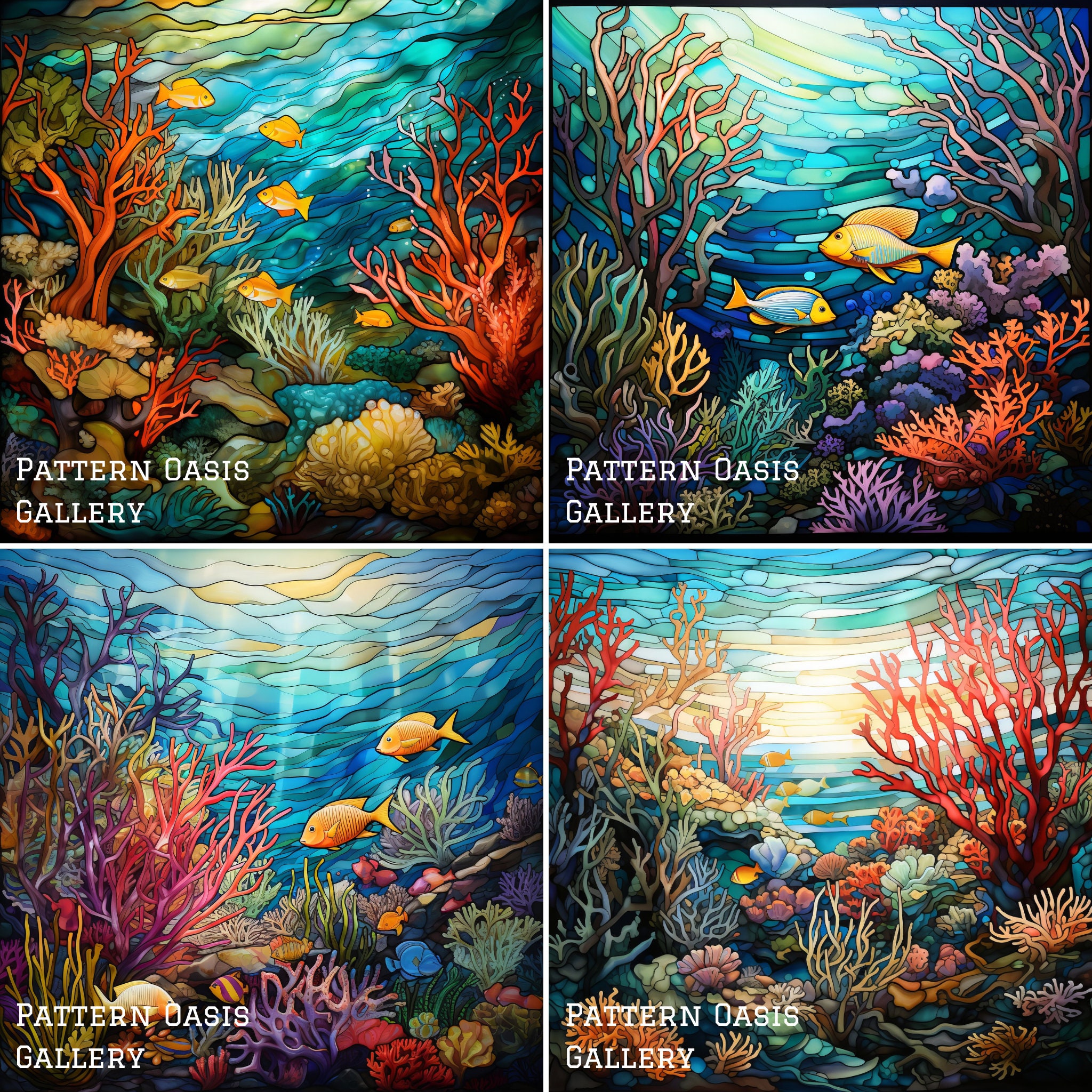Stained Glass Coral Reef Digital Paper, Coral Reef Stained Glass ...