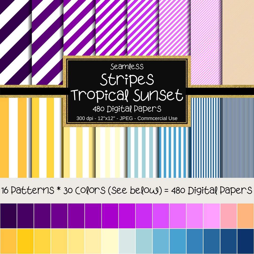 Tropical Sunset Stripes Seamless Digital Paper Pack, 12"x12", 480 ...