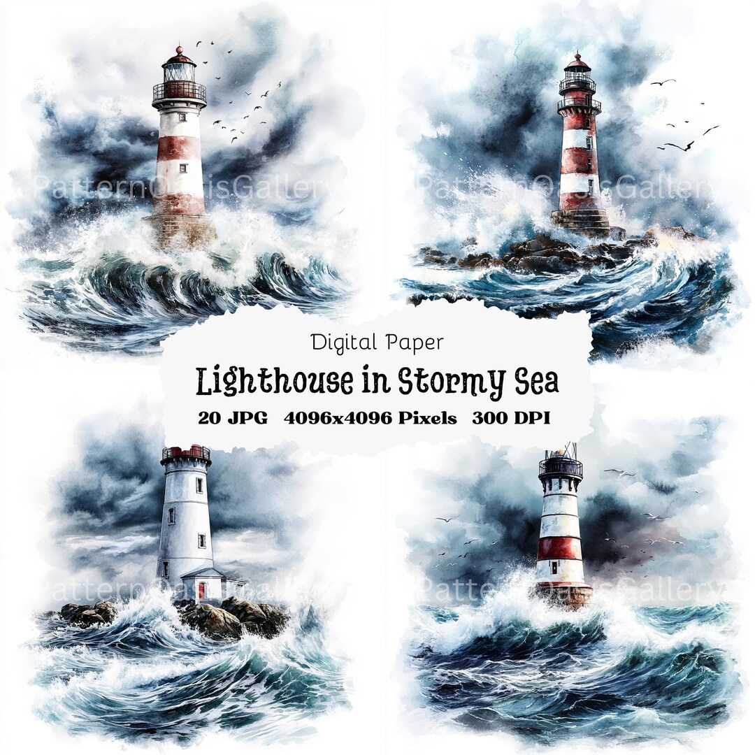20 Lighthouse in Stormy Sea Clipart, Rugged Lighthouse Clipart, Ocean ...