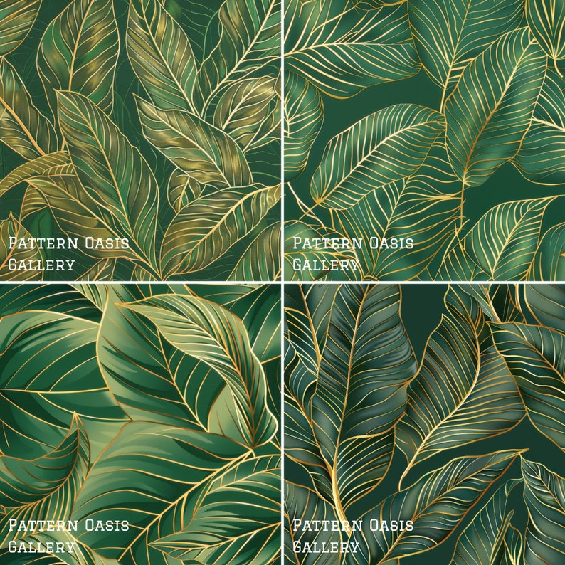 Green and Gold Tropical Leaves SEAMLESS Digital Paper, Jungle Leave ...