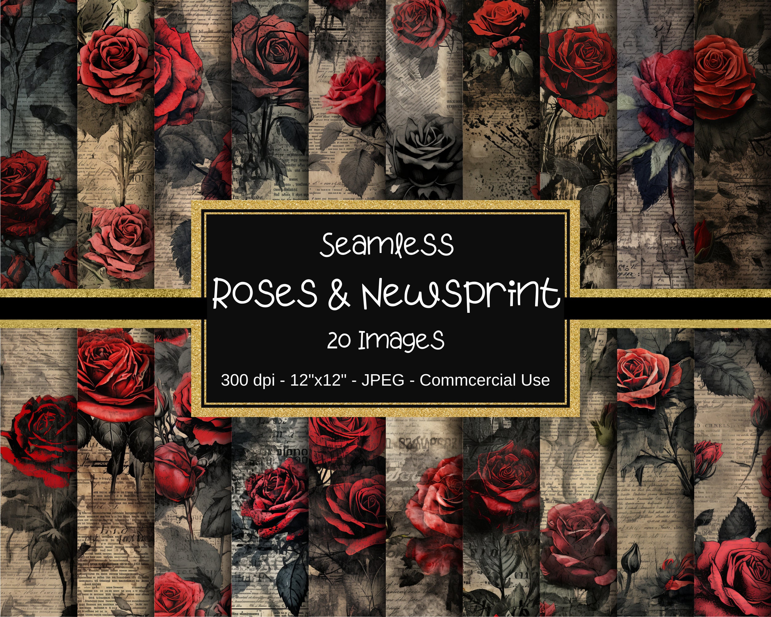 Gothic Roses and Newsprint Seamless Digital Paper, Vintage Flower ...