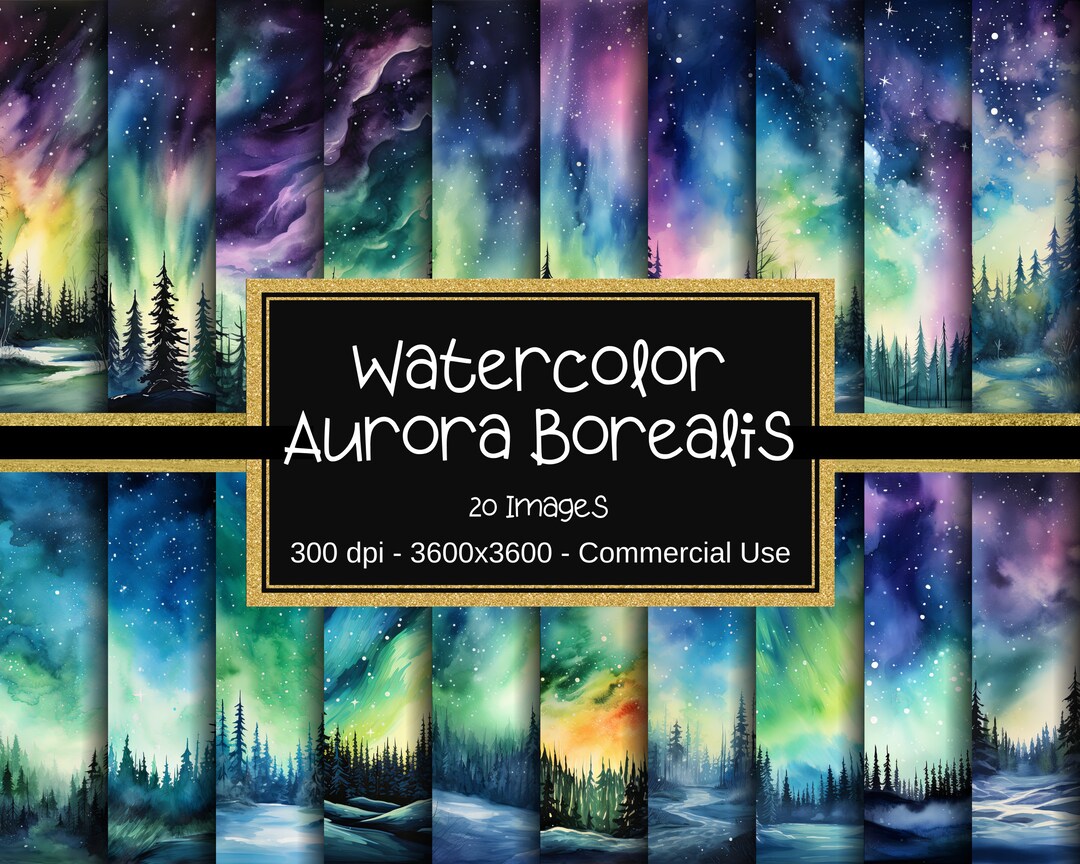 Watercolor Aurora Borealis Digital Paper, Northern Lights Backgrounds ...