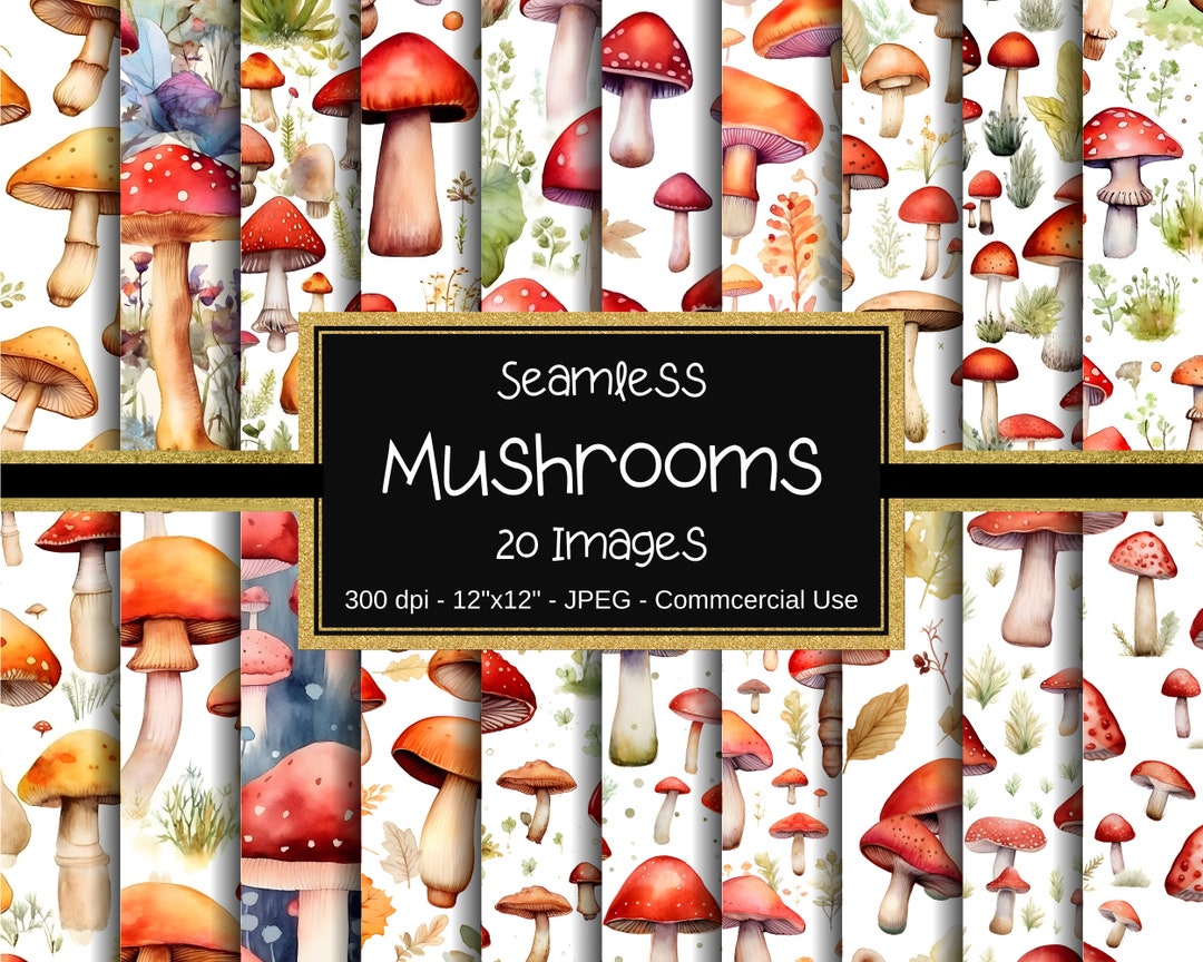 Mushrooms Seamless Digital Paper, Mushrooms Patterns, Watercolor ...