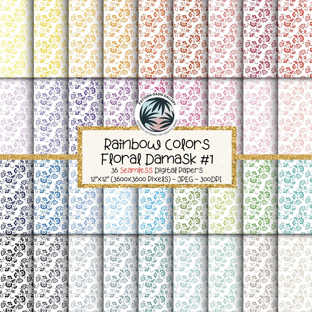 Rainbow Colors Floral Damask Seamless Digital Paper, Vintage Flower ...