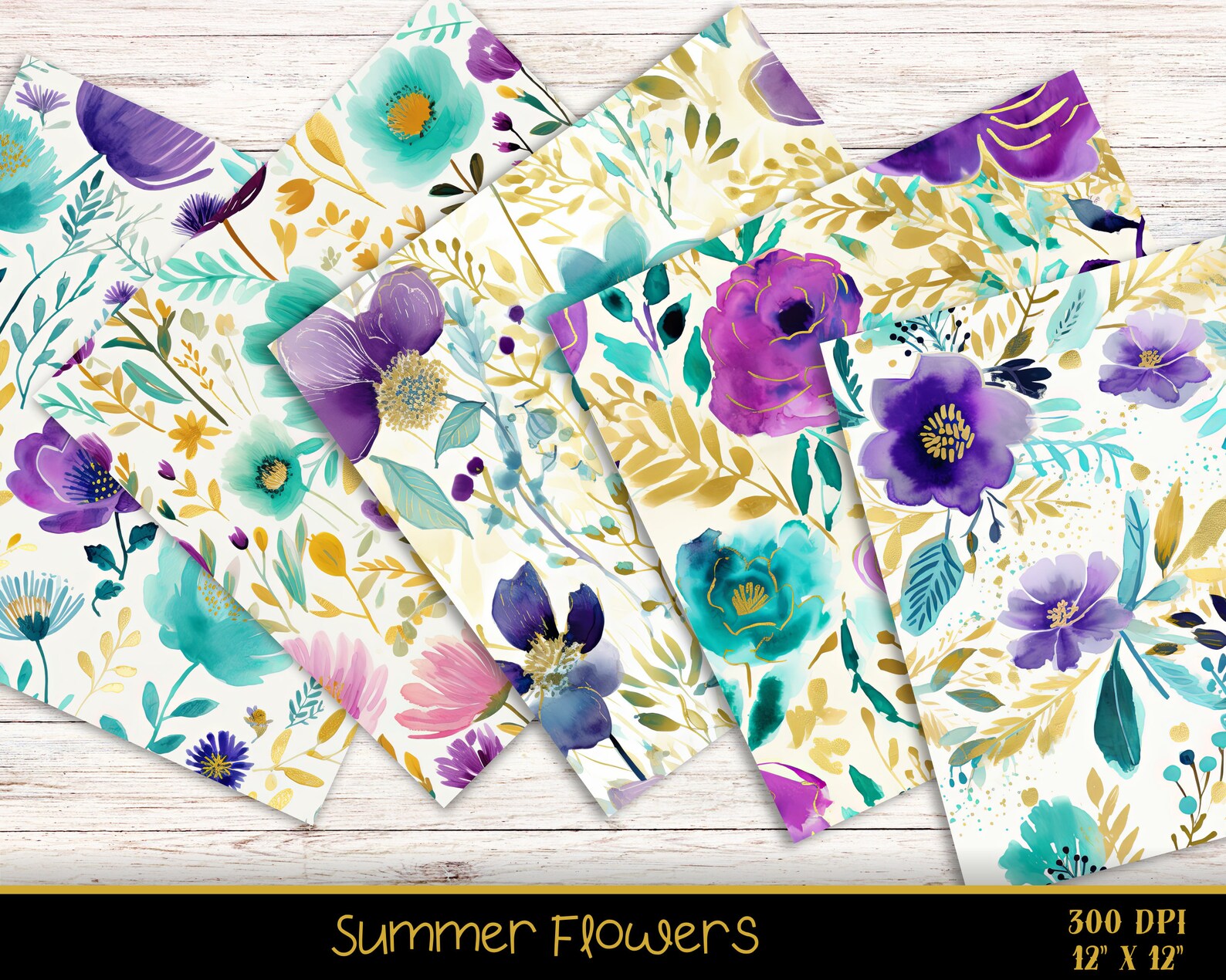 Summer Flowers Seamless Digital Papers, Summer Watercolor Flower ...