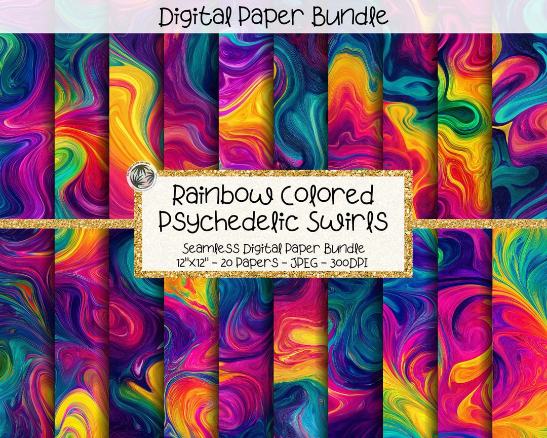 Psychedelic Rainbow Digital Paper Bundle, Seamless Neon Fluid ...